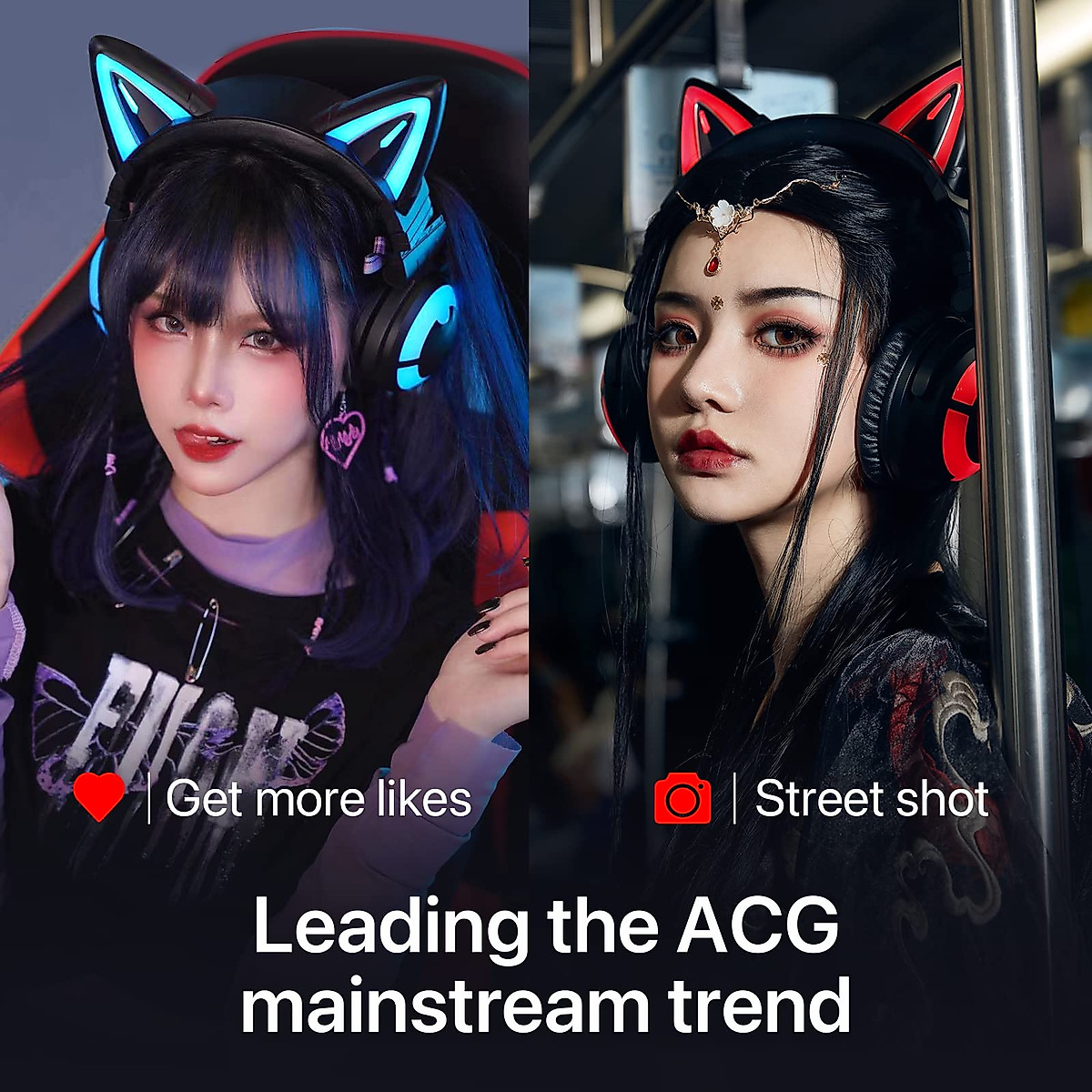 YOWU RGB Cat Ear Headphone 3G Wireless 5.0 Foldable Gaming Headset with 7.1 Surround Sound, Built-in Mic & Customizable Lighting and Effect via APP, Type-C Charging Audio Cable-Black