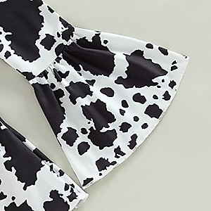 Western Baby Girl Clothes Letters Print Short Sleeve T-Shirt Tops Cow Print Flared Pants Set Bell Bottom Outfit (Beige, 2-3 Years)