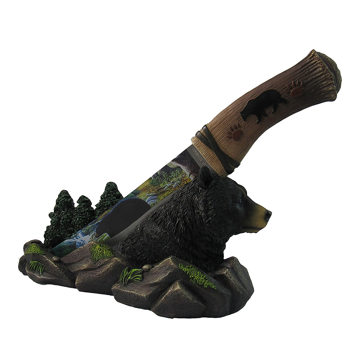 'Blade of the Bear' Rustic Black Bear Decorated Fixed Knife and Holder Set - Intricate Metal Detailing - Majestic Rustic Cabin Decor - 9.75 Inches Long