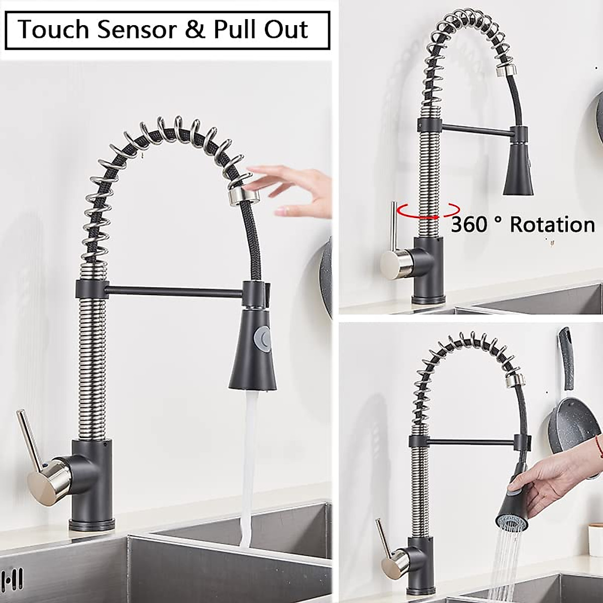 Kitchen Sink Faucet for Bar Farmhouse Commercial, Touch Sensor Kitchen Faucet, Black Brushed Pull Out Kitchen Mixer Faucets, Swivel Smart Sensor Stream Spray Mode Mixer Taps