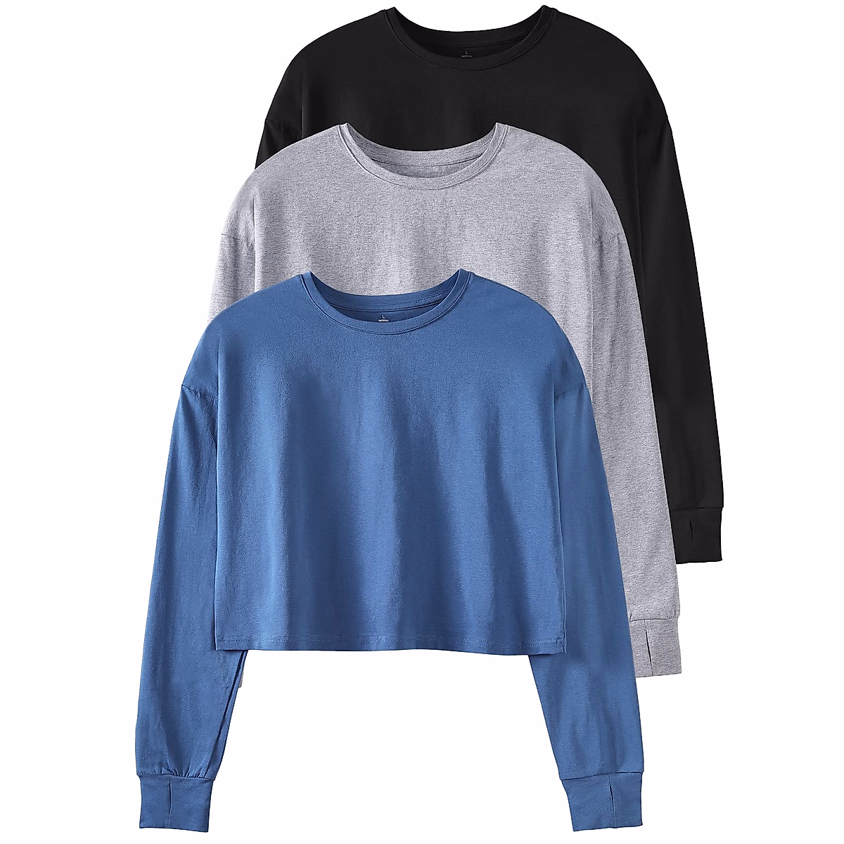 Cosy Pyro 3-Pack Long Sleeve Crop Tops Workout Athletic Gym Shirts Cropped Sweatshirts for Women Black/Gray/Navy M