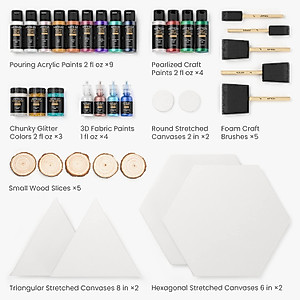 Arteza Acrylic Pouring Paint Kit, 36 Pieces, Bright and Iridescent Pouring Paint, Pearlized Paint, 3D Fabric Paint, Chunky Glitter, Wood Slices, Canvases, and Foam Brushes, Art Supplies for Painters