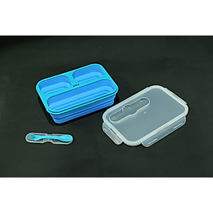 Sailing Elegant Collapsible Silicone 3-Compartments Lunch Box/Container, Super Convenient Stackable Food Storage Containers, Material Safe (Set of 1, Blue)