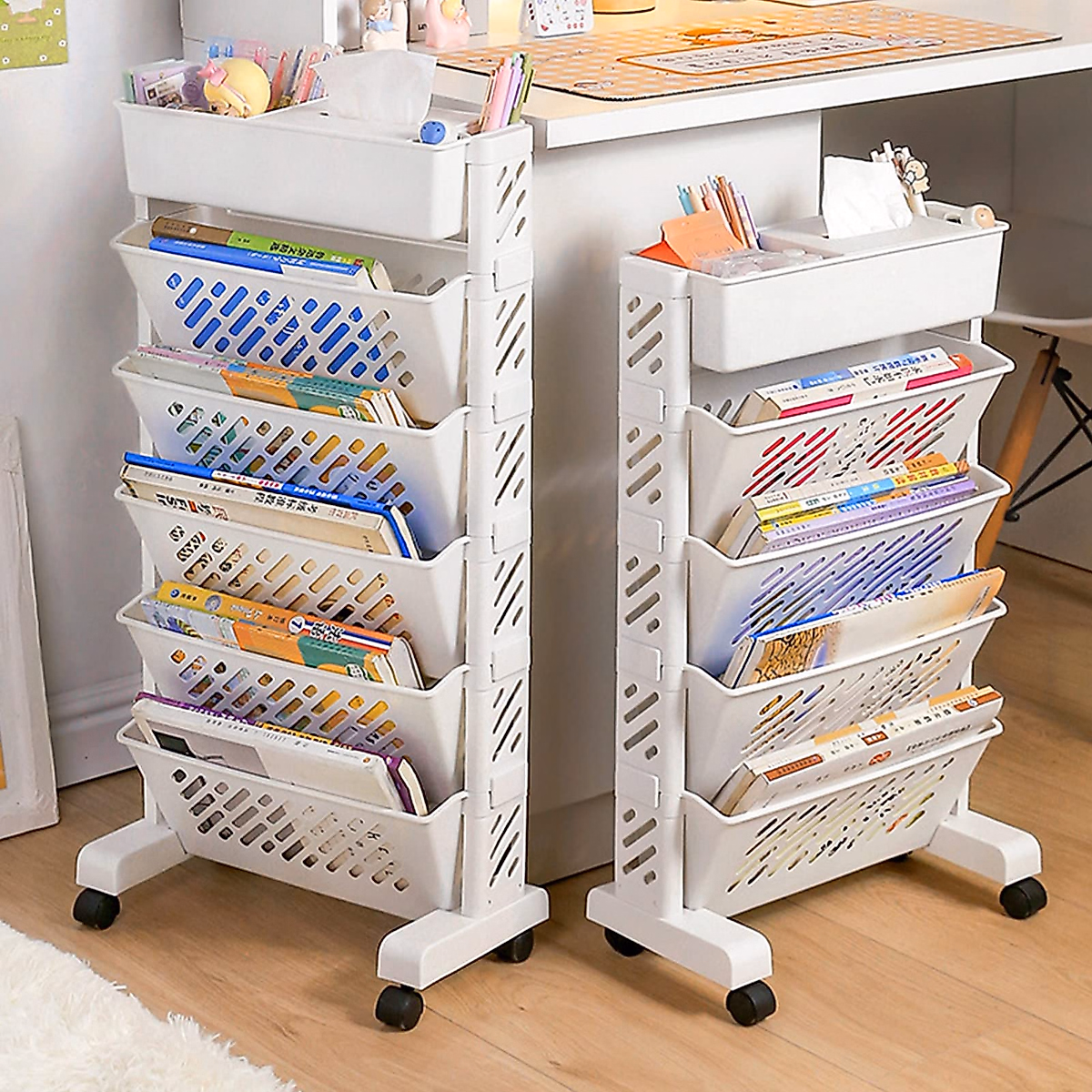Movable Bookshelf Cart Rotatable Removable Plastic Multifunctional Rolling Cart Deskside Bookshelf Desk Organizer with Wheels (6 Layer)