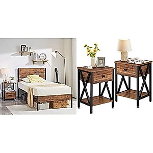 VECELO Platform Bed Frame Twin Size with Rustic Vintage Wood Headboard, Mattress Foundation, Strong Metal Slats Support & Nightstand Set of 2, Modern Bedside End Tables, Brown