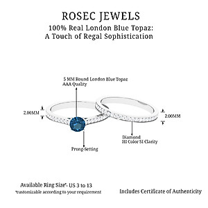 Certified London Blue Topaz Diamond Bridal Ring Set, AAA Quality, Natural Topaz Diamond Wedding Ring Set - Ready to Gift, 14K White Gold, Size:US 8.50