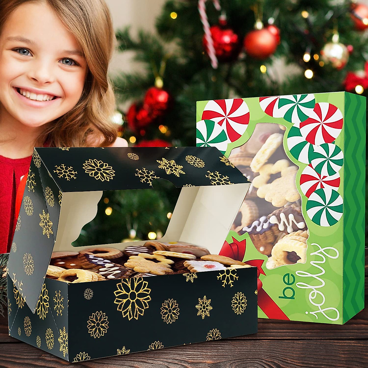 Party Funny 12 Christmas Cookie Boxes -Large Holiday Bakery Food Container for Gift Giving with 80 Count Christmas Foil Gift Stickers