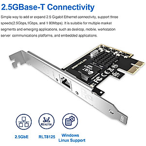 2.5GBase-T PCIe Network Adapter with 1 Port, 2500/1000/100Mbps PCI Express Gigabit Ethernet Card RJ45 LAN Controller Support Windows Server/Windows/Linux, Standard and Low-Profile Brackets Included