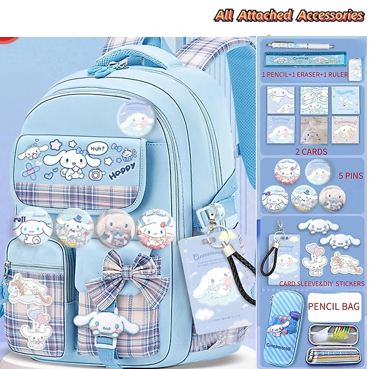 Kawaii Backpack with 18Pcs Accessories Anime Cartoon Anti-Theft Travel Aesthetic New Semester Gifts Bag with Cute Pins (Blue)