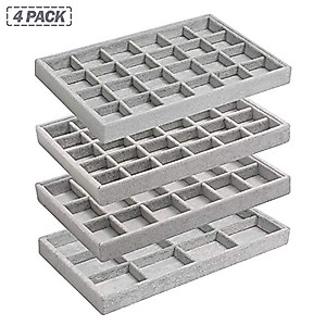 DIOMMELL Set of 4 Stackable Velvet Jewelry Trays Organizer, Jewelry Display Storage Box Showcase Holder Dresser Drawer Organizer for Earring Necklace Bracelet Ring Accessary, Grey
