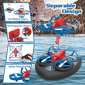 Toys for Boys Age 8-12-13, 3 in 1 Water Land and Air RC Boat RC Car, 2.4 GHz High Speed Remote Control Boat Car, Kids Drone 360° Spin and Flip, RC-Hovercrafts Pool Toys Outdoor Toys Boy Gift Ideas