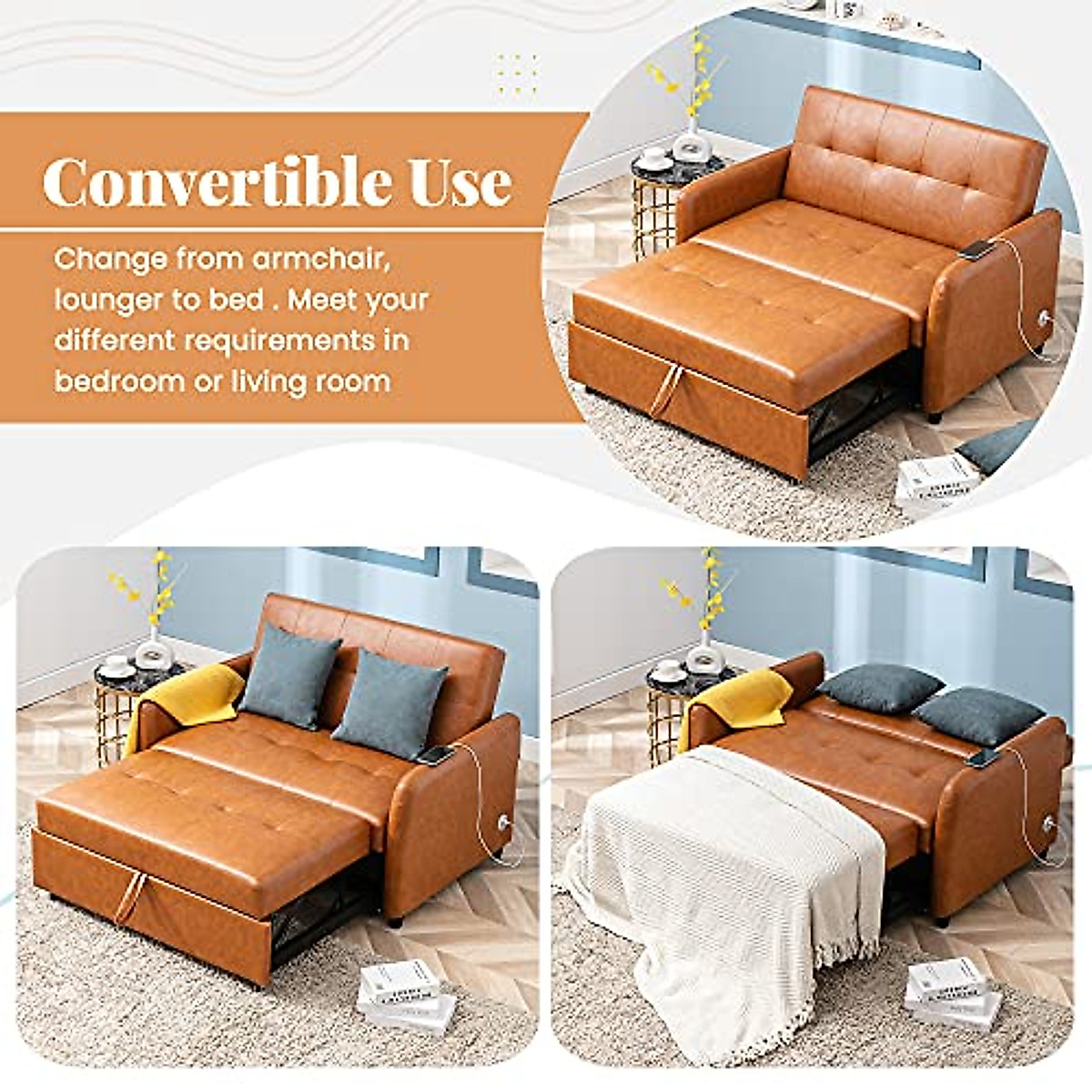 ERYE 3 in 1 Faux Leather Upholstered Sofa Loveseat Convertible Sleeper Couch Bed,Modern 2-Seaters Love Seat Sofa&Couch Functional Daybed with USB Charging Ports for Small Space Living Room