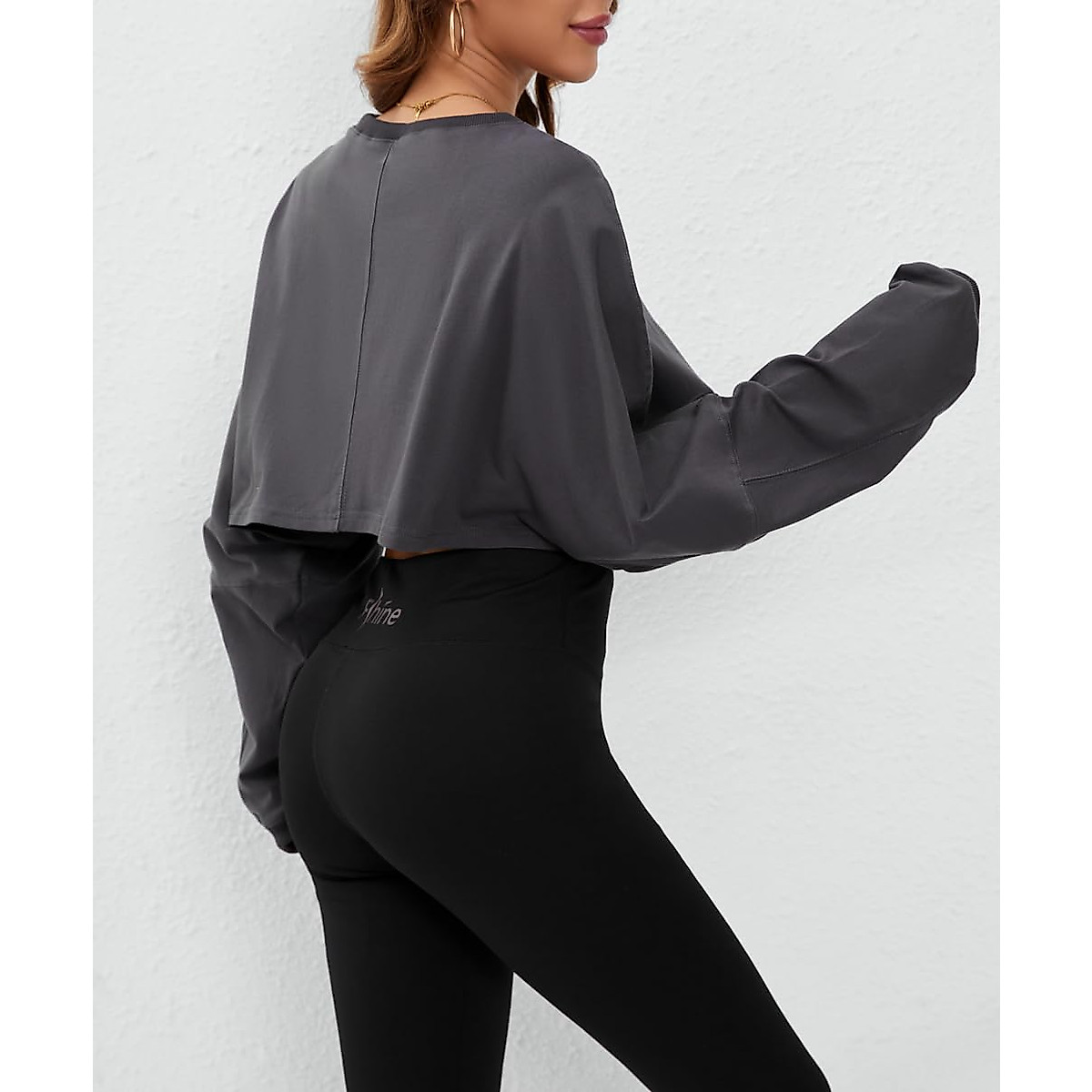 Meladyan Women Long Sleeve Crewneck Crop Top Tee Shirt Sweatshirt Casual Solid Loose Fit Workout Cropped Pullover Tshirt Dark Grey