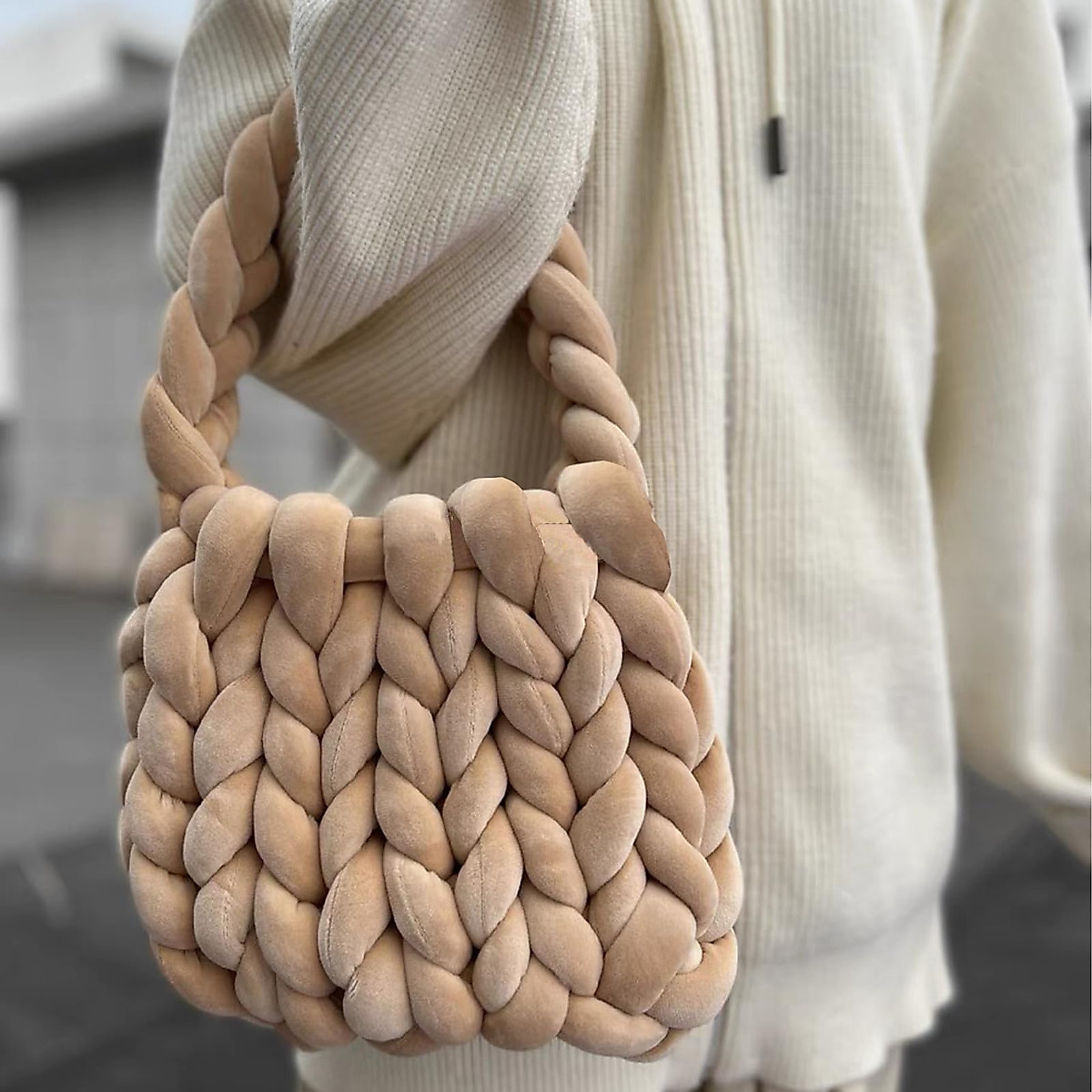 Super Soft Velvet Bulky Tube Yarn for Hand Knitting Blanket for Braided Knot, Giant Arm Knitting Yarn for Knitting Throw Rugs Pillow(Khaki 0.55lb)