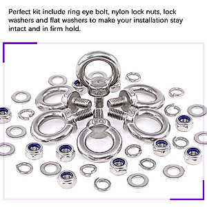 36Pcs 304 Stainless Steel M6 Male Thread Lifting Ring Eye Bolt Kit, Including 6Pcs M6 Eye Bolt with 10Pcs Lock Nuts, 10Pcs Lock Washers and 10Pcs Flat Washers