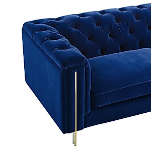 Steve Silver Furniture Charlene Blue Velvet Button Tufted Sofas, Transitional Style, Contemporary Style, for Living Room, Couch and Loveseat, 35.5" D x 84" W x 32" H, Sapphire Blue/Brass