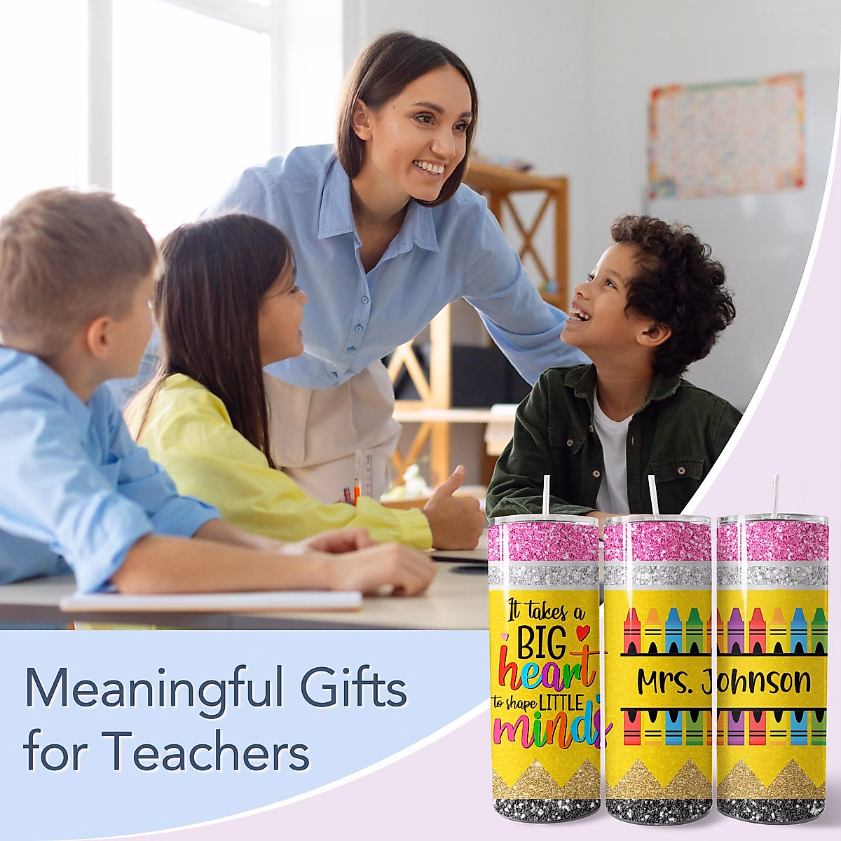 Fleur&Bay Teacher Appreciation Gifts for Women - Personalized Teacher Tumbler With Straw - Daycare Preschool Back to School Gifts Ideas - Customized Cup With Name - Glitter Pencil Tumbler 20 oz