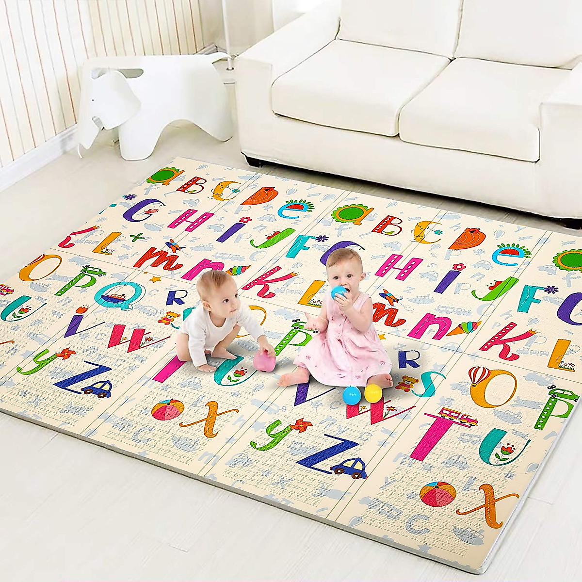 Baby Play Mat Extra Large Baby Mat Folding Foam Playmat Kids Crawling Mat Reversible Non Toxic Waterproof for Infants Toddlers Thicker 0.6inch (Beige 0.6in)