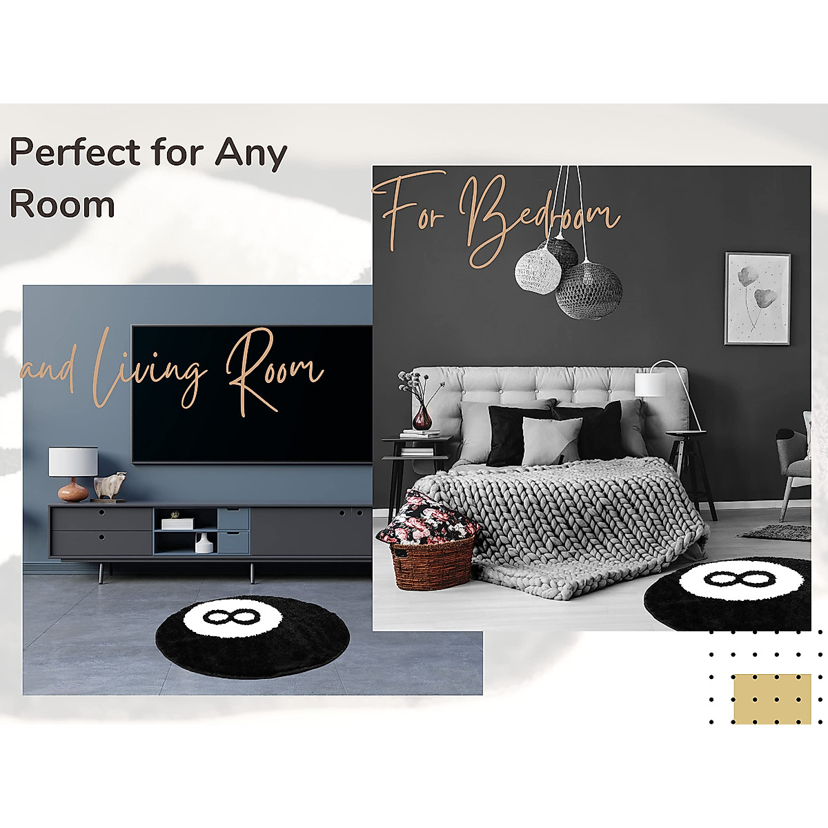 TURKUAZ LABEL 8 Ball Rug - 32 inch White & Black Hypebeast Rug - Cool Rugs and Aesthetic Rugs for Bedroom & Living Room - Y2K Rug for Y2K Room Decor