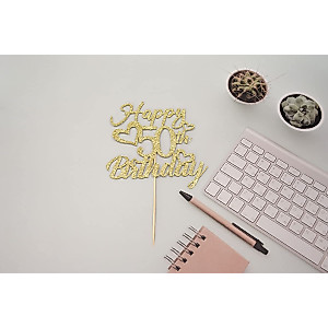 Happy 50th Birthday Cake Topper for 50th Birthday Party Decorations Supplies Gold Glitter