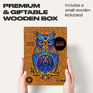 UNIDRAGON Wooden Jigsaw Puzzles - Charming Owl, 186 pcs, Medium 8.3"x13.8", Beautiful Gift Package, Unique Shape Best Gift for Adults and Kids