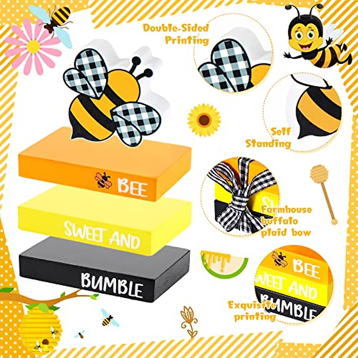 4 Pieces Wood Decorative Book Stack Mini Faux Tiered Tray Wood Books Reversible Sign Rustic Bookshelf Decor for St. Patrick's Day Easter Bee Lemon Holiday Party (Bee Style)