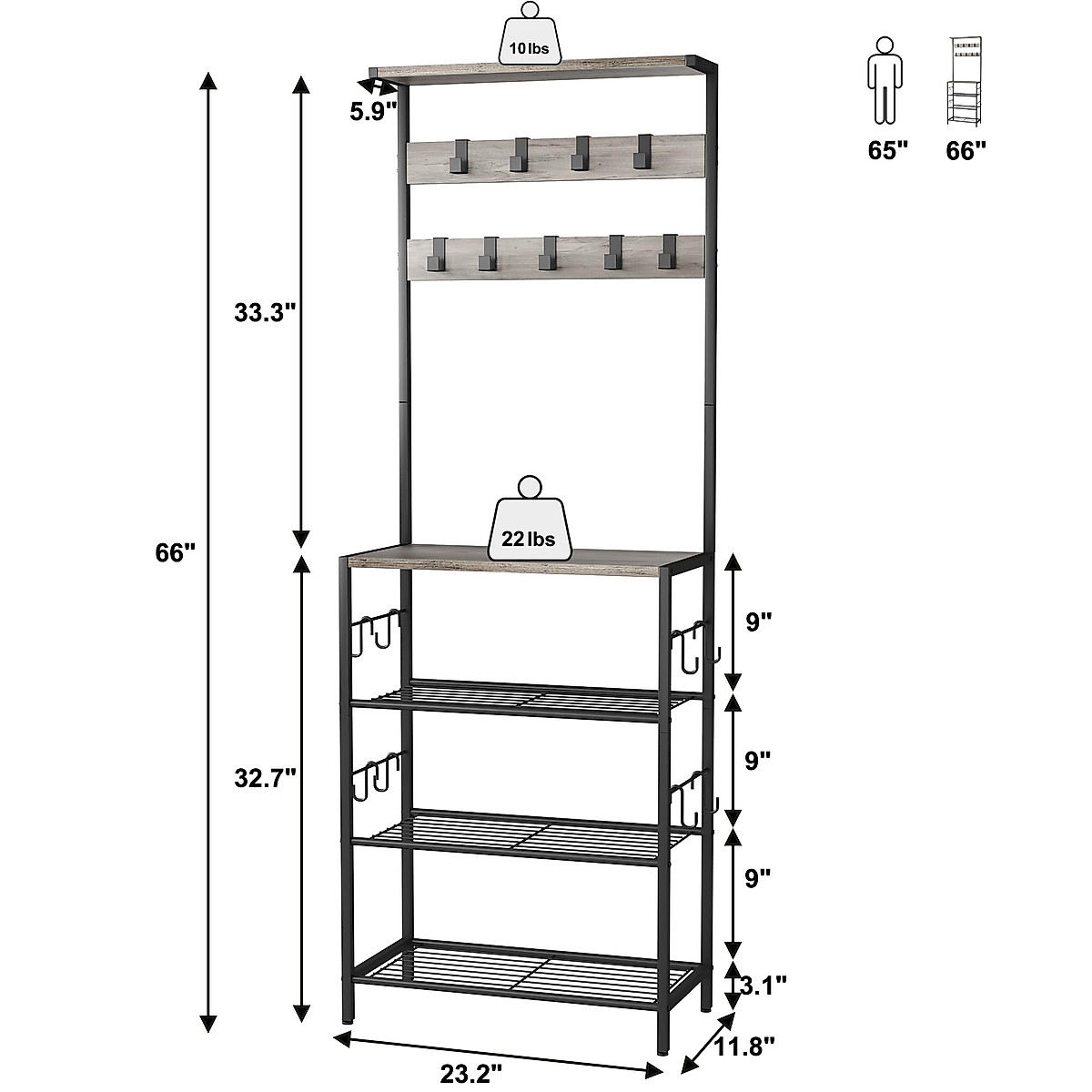 HOMEFORT Coat Rack with Shoe Storage, 5-Tier Shoe and Coat Rack with 9 Clothes Hooks, Freestanding Hall Tree Organizer for Entryway, Bedroom,Grey
