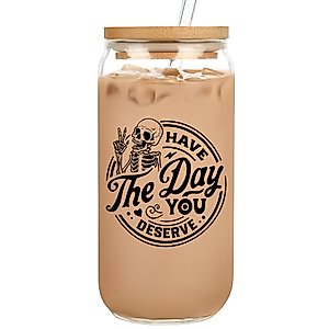 BIPEDS Funny Skeleton Glass Cups with Lids and Straws, Novelty Cute Skull Coffee Mug Tumbler Cup, Gothic Home Decor, Goth Kitchen Accessories, Emo Stuff, Spooky Witch Witchy Birthday Gifts for Women