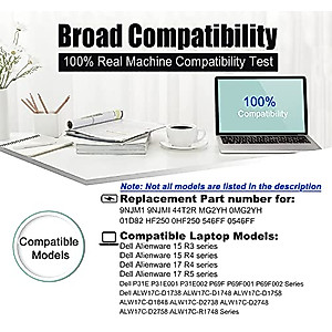 BOWEIRUI 99Wh 9NJM1 44T2R MG2YH Laptop Battery Replacement for Dell Alienware 17 R4 R5 15 R3 R4 P31E P69F P31E001 P31E002 P69F001 P69F002 HF25D 01D82 546FF 0546FF HF250 0HF250 0MG2YH 6-Cell 11.4V