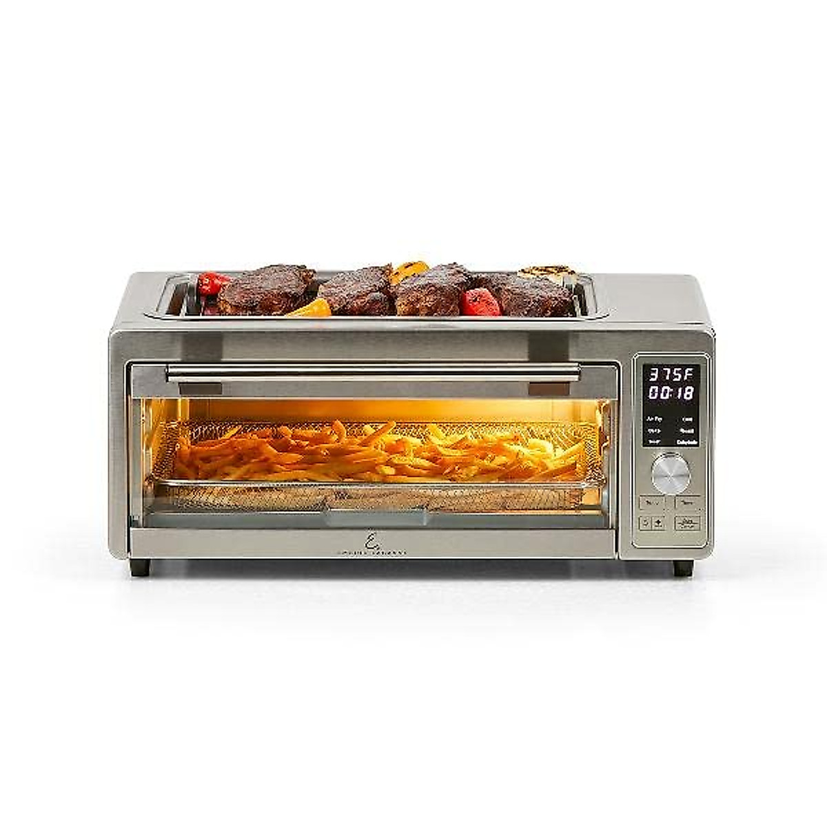 Emeril Power Grill 360, 6-in-1 Countertop Convection Toaster Oven with Top Indoor Grill, Air Fry, Roast, Toast, Bake, Dehydrate, Glass Lid, Stainless Steel