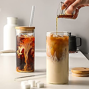 4 Set 20 OZ Drinking Glasses with Bamboo Lids and Straws, Borosilicate Glass Tumbler Cups - Tall Clear Iced Coffee Cups for Smoothie, Water, Juice, Coffee Bar Accessories - Cute Gifts, Reusable