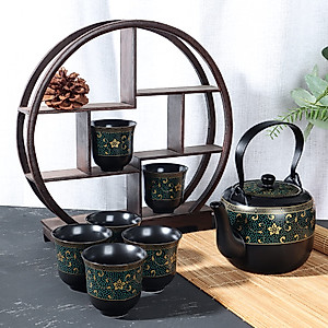 fanquare Japanese Porcelain Tea Set, Handmade Kungfu Teapot with 6 Cups, Large Black TeaPot with Gold Flowers Pattern