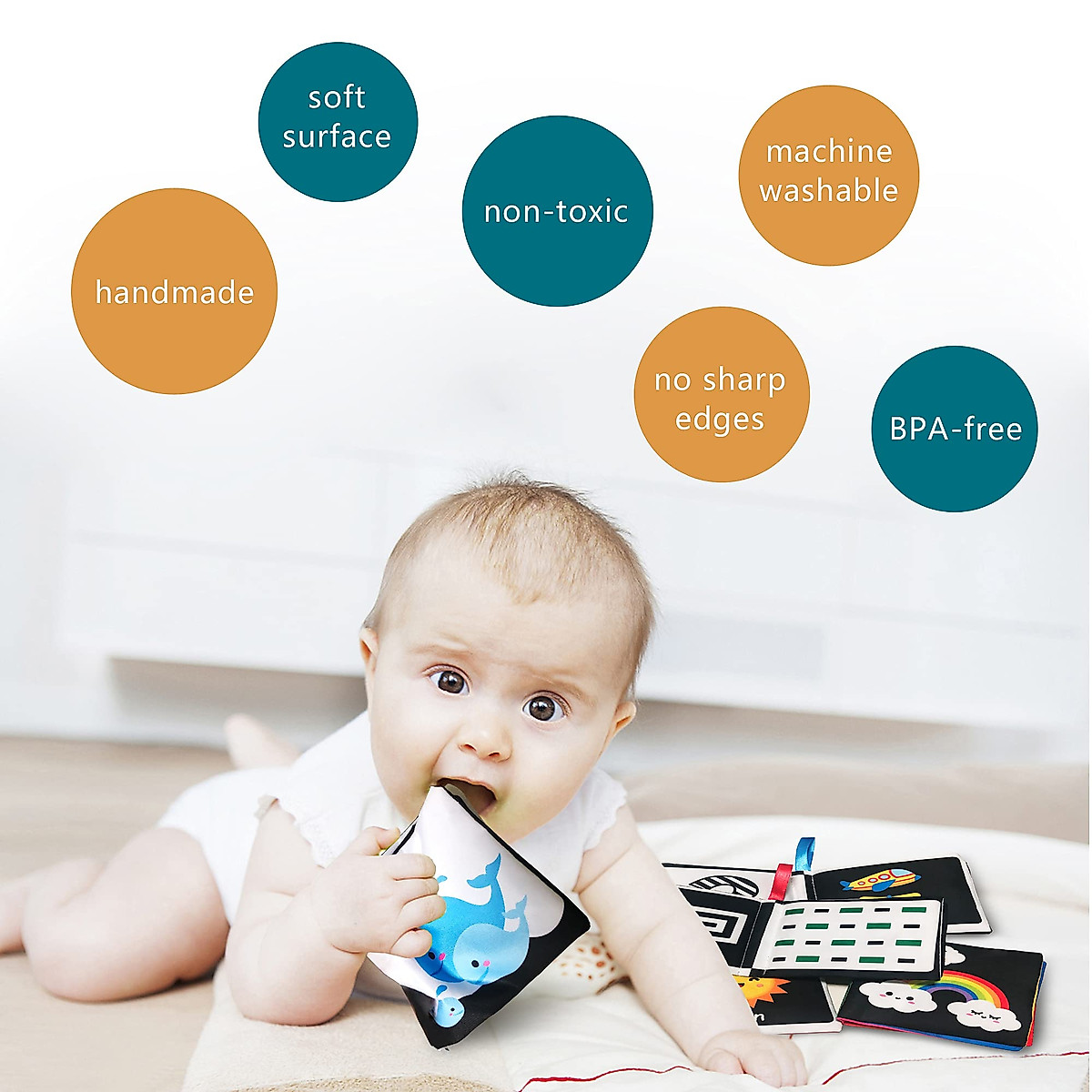 AMINFUN Soft Cloth Baby Book Toy 0-6 Months, Black White Baby Learning Book(Pack of 4),Touch and Feel Crinkle Book Infants 6-18 Months,Early Educational Toy 0-3 Months, Gift for Babies Infants