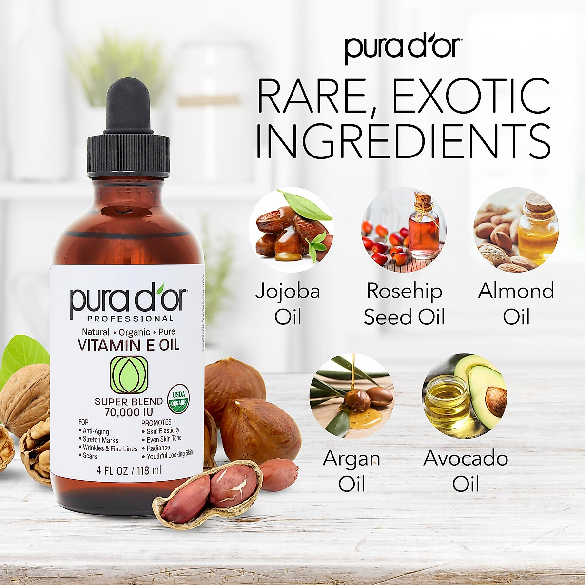 PURA D'OR 4 Oz ORGANIC Vitamin E Oil Blend 70,000 IU - 100% Natural Hexane Free, Sweet Almond, Apricot, Jojoba, Argan, Rosehip, Sunflower & Avocado Bath Oil For Scars, Skin, Face & Full Body