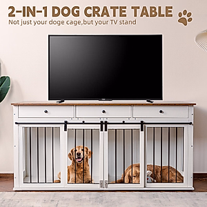 Sunseen Dog Crate Furniture Large Breed Wooden Dog Kennel with Room Divider & 3 Drawer,Double Doors Heavy Duty Dog Crate End Table Indoor TV Stand for Small Medium Large Dog,72''W*24''D*35''H,White