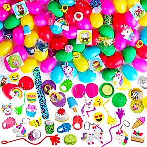 100-Pcs Easter Eggs with Toys Inside I Prefilled Easter Eggs Includes Slap Bracelets, Sticky Hands, Light Up Rings & More I Plastic Easter Egg Fillers for Your Easter Egg Hunt Bulk Easter Party Favors