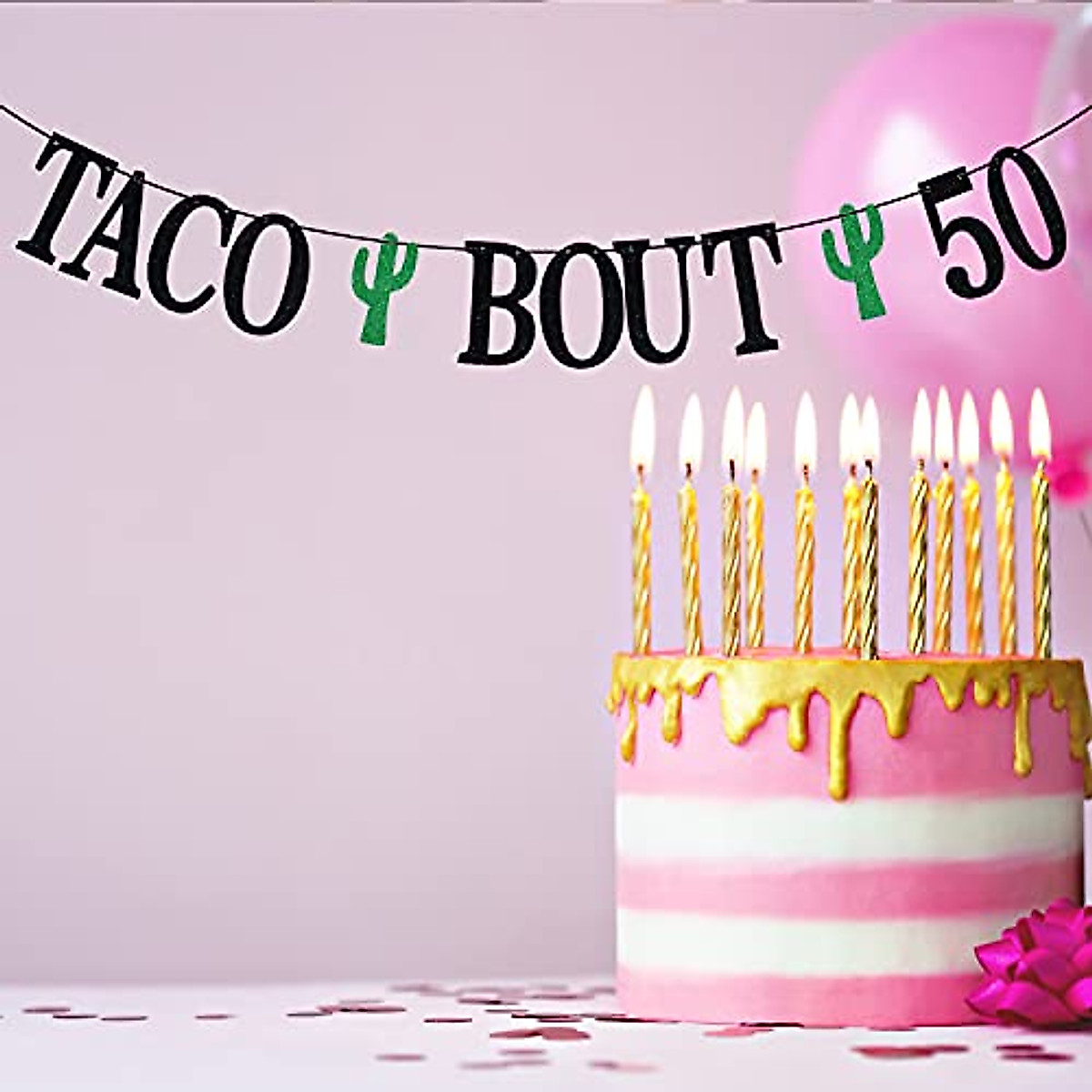 Taco Bout 50 Banner with Cactus Decorations, Cheers to 50 Years, 50 Taco Party Decor, 50th Birthday/Wedding Anniversary Party Decoration Supplies Black Green Glitter.