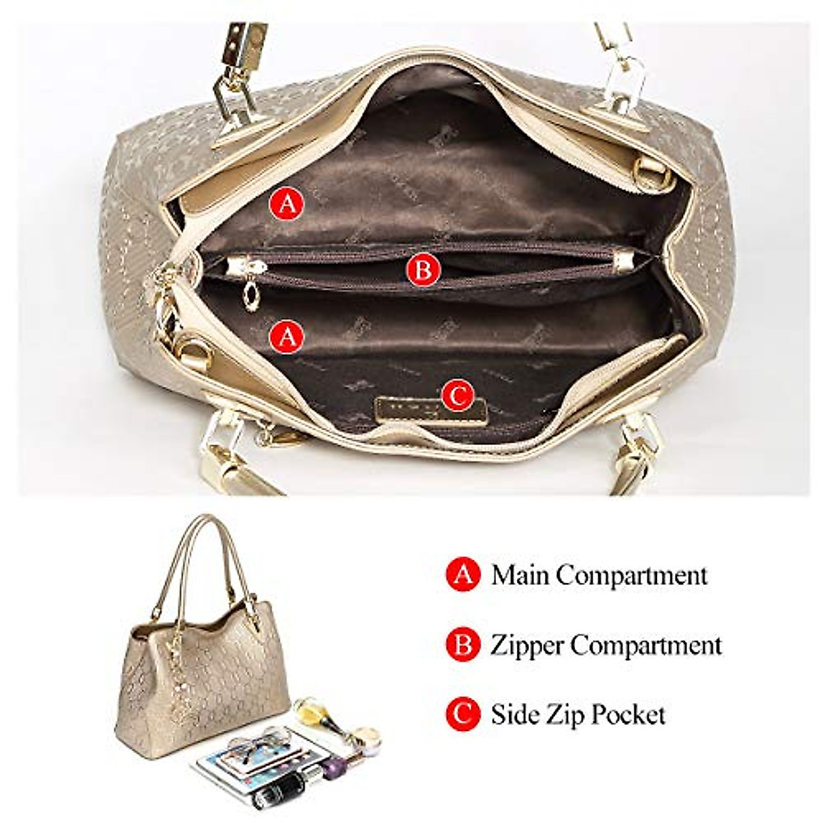 FOXER Leather Handbags for Women, Cow Leather Lock Chain Pattern Ladies Top Handle Bag with Adjustable Shoulder Strap Women's Designer Tote Bag Womens Real Leather Crossbody Purses and Handbags (Gold)