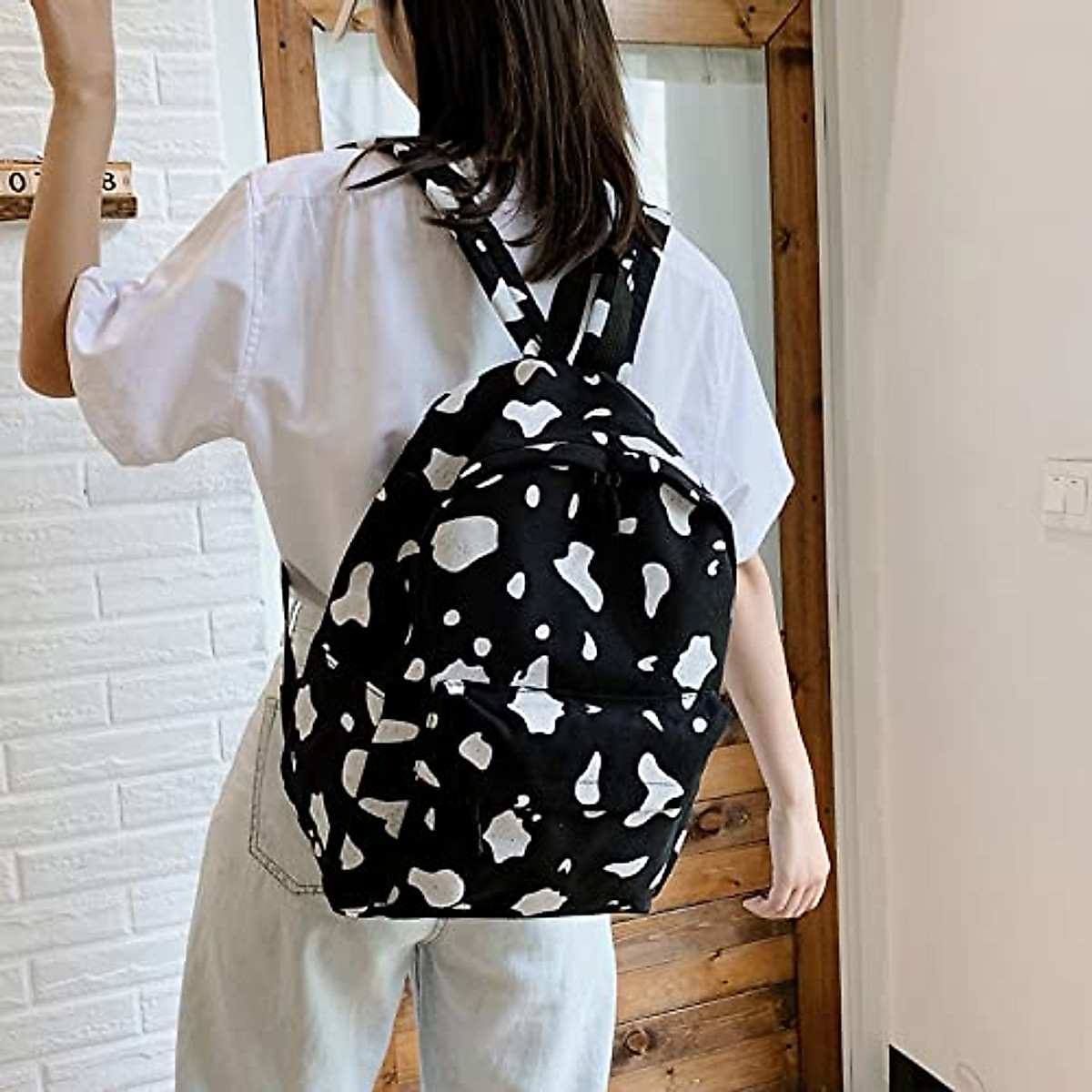 School Starts Season Fashion Women Girl Student Zipper Cow Pattern School Bag Canvas Backpack Pug (Black, One Size)