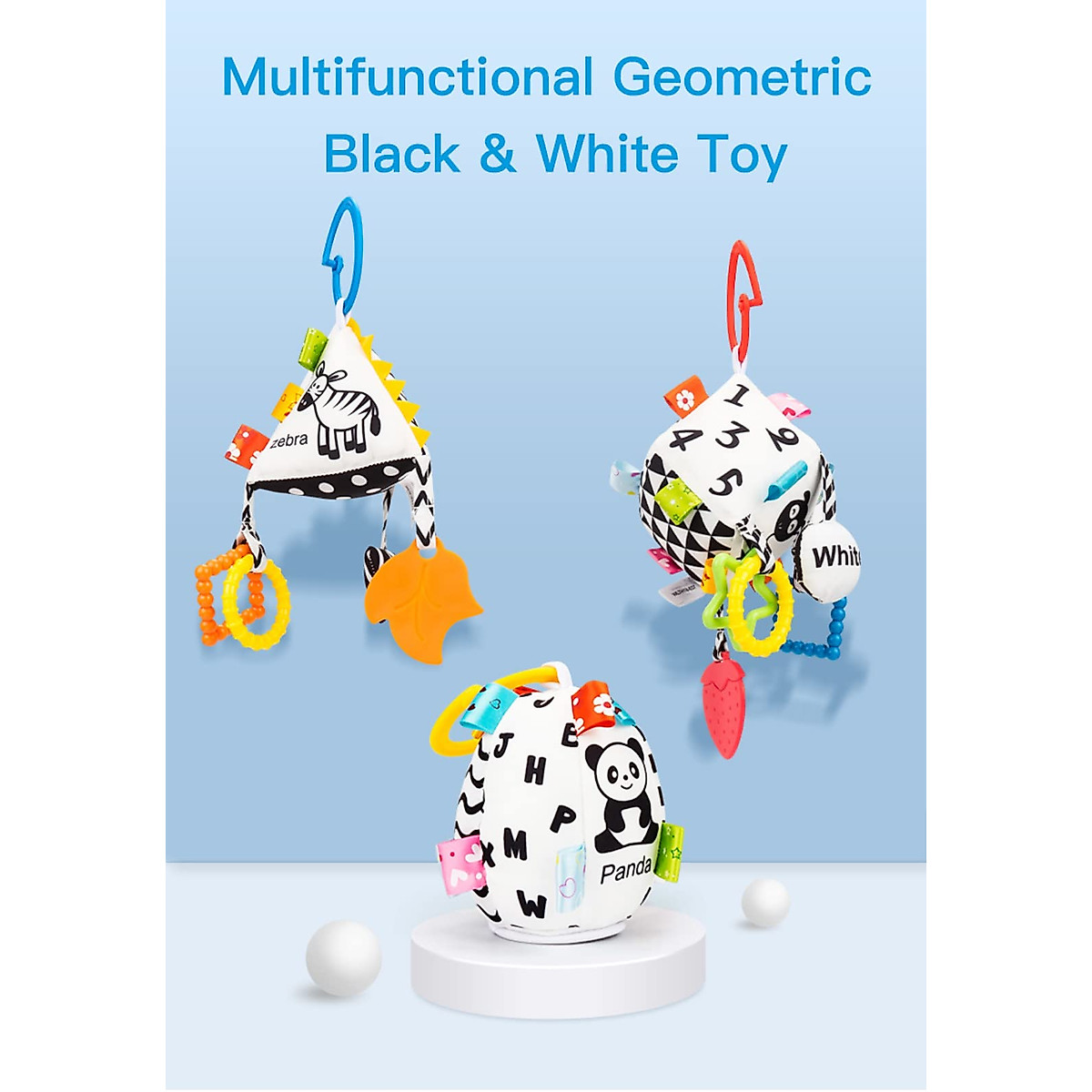 Jollybaby Baby Car Seat Toys with Rattles & Teether, Black & White High Contrast Stroller & Pram Toy, Crib Bed Plush Hanging Toy for 0 3 6 9 12 Months Newborn, Toddlers, Infants(Cube)