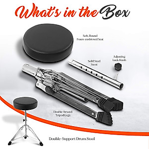 Pyle Adjustable Drum Throne Stool-Portable with Double-braced Tripod Legs, Foam-Cushioned Seat, Perfect for On Stage and in-Studio Use PSEATDRM28