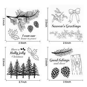 LANGFON Pine Trees Pine Cone Fruit Leaves Bowknot Clear Stamps for Card Making Decoration DIY Scrapbooking, Season Greeting Words Silicone Transparent Seal Stamps for Embossing Album Decor Craft