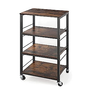 Metal Utility Rolling Carts Kitchen Microwave Storage Racks on Wheels Standing Shelf Unit for Home Office Bedroom Drom Apartment(Wood Tray)