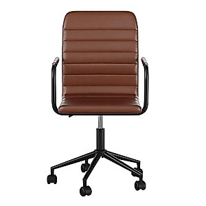 Martha Stewart Taytum Swivel Task Chair with Armrests for Home Office in Saddle Brown Faux Leather with Oil Rubbed Bronze Frame