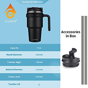CIVAGO 20 oz Tumbler Mug with Lid and Straw, Insulated Travel Coffee Mug with Handle, Double Wall Stainless Steel Vacuum Coffee Tumbler, Thermal Coffee Cup, Flip lid, Blush