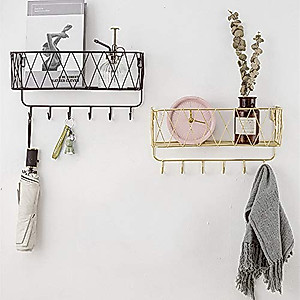 YCOCO Wall Mounted Entryway Storage Organizer,Metal Wire Storage Basket with 6 Hooks,Key and Mail Holder for Wall,Gold
