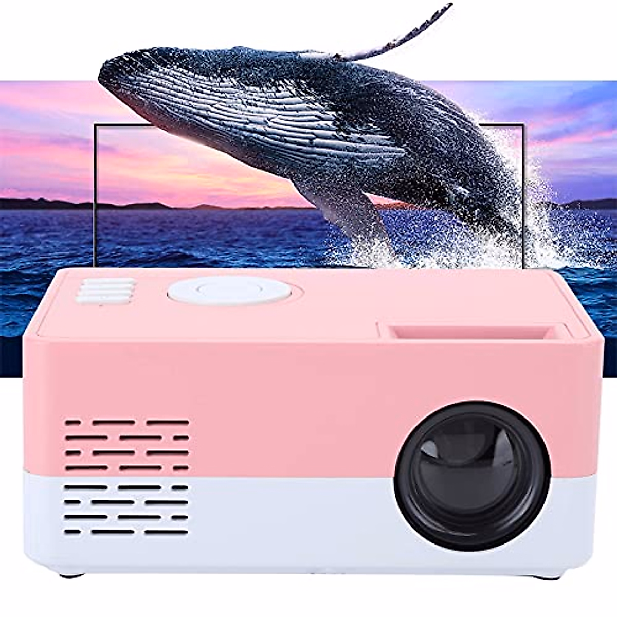 Mini Projector, 1080P Hi‑Fi Stereo Video Media Projector Movie Projector with Rack & Remote Control, 60'' Projector Screen, Portable Projector Home Theater for Entertainment (White Pink)