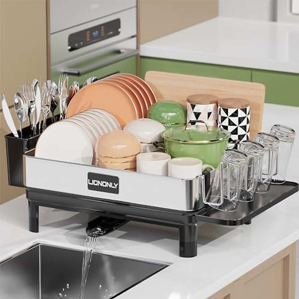 LIONONLY Dish Drying Rack, Thicker Premium 304 Stainless Steel Dish Racks for Kitchen Counter, Drainer & Drainboard Set with Adjustable Spout, Utensil Holder and Cup Holder, Black