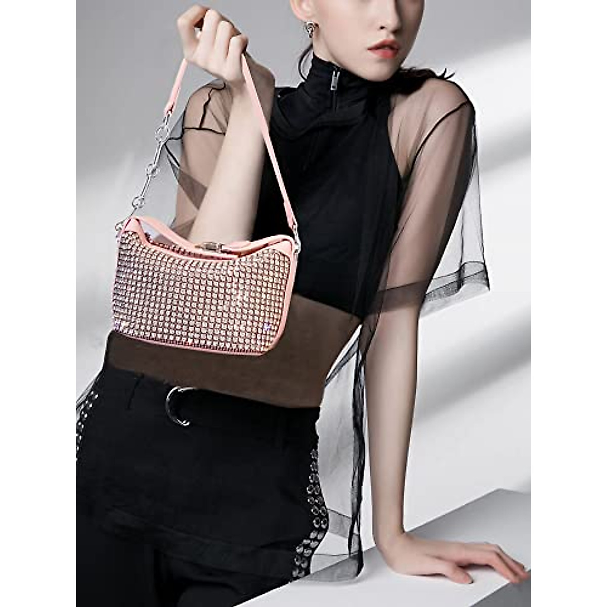Crystal Rhinestone Crossbody Bags for Women Bling Purse Mini Top Handle Handbag Leather Clutch for Party