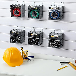 Huwena 6 Pack Slatwall Bins with Metal Utility Hooks Set Slat Wall Baskets Slatwall Tip Out Bin with Labels Wall Mount Slatwall Containers Hanging Storage Organizer for Garage Work Room Panel